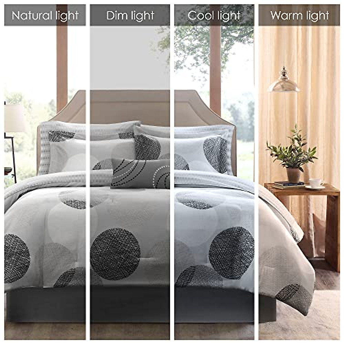 Madison Park Essentials Bed in a Bag Comforter, Vibrant Color Design All Season Down Alternative Cover with Complete Cotton Sheet Set, Queen(90"x90"), Knowles, Circular Grey, 9 Piece