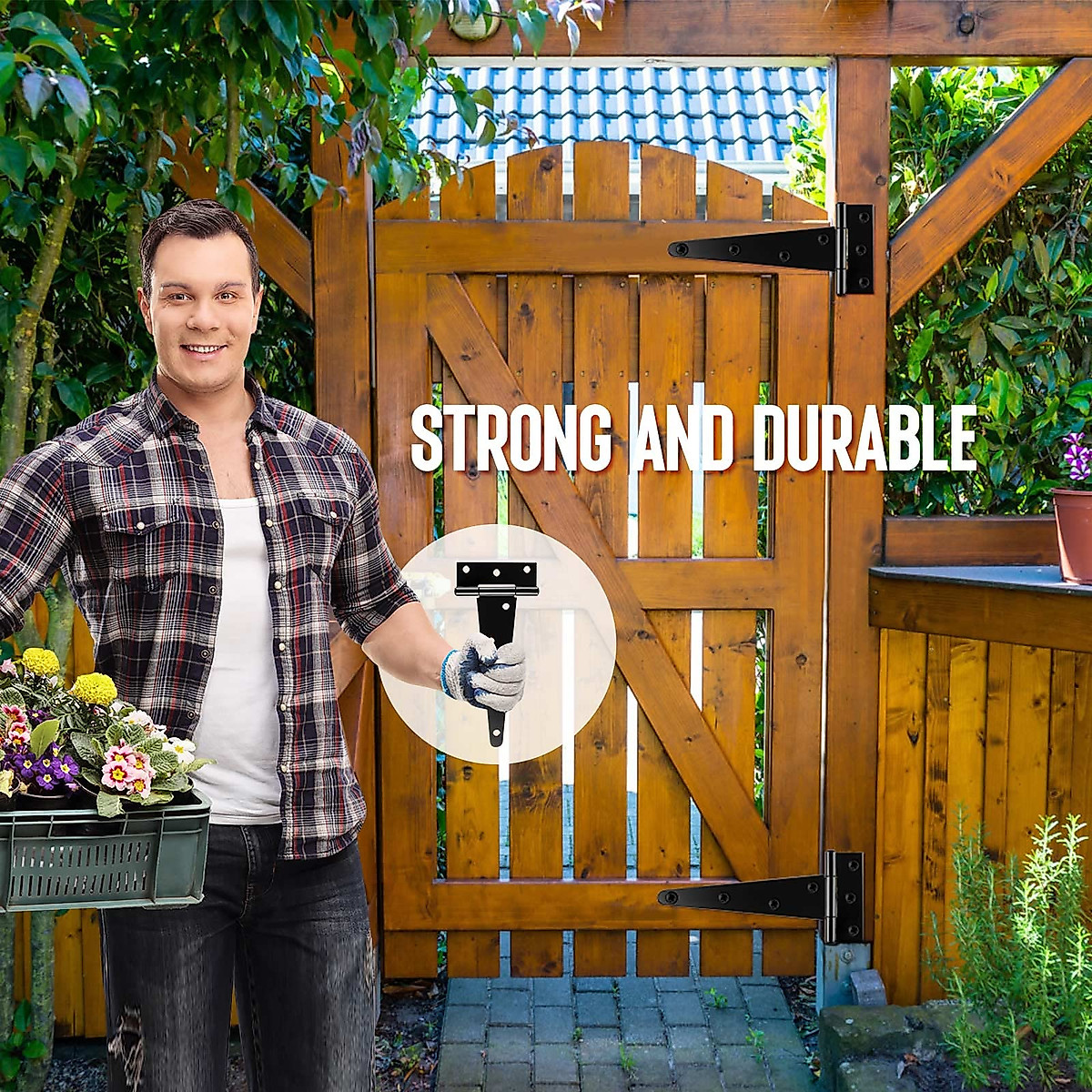 Gate Hinges Heavy Duty, Black T-Strap Strap Shed Hinge,180° Barn Door Hinges,Fence Gate Hardware Kit，Includes Anti-Rust Screws（2pcs，8inch）