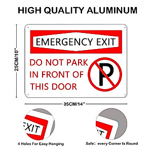 Warning Aluminum Sign Emergency Exit Do Not Park in Front of This Door Outdoor Metal Tin Sign Fade Resistance Durable Rust Free UV Protected Decorative For Cafes Pubs Home Gate 10x14in