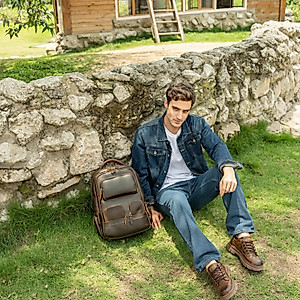 Masa Kawa Full Grain Leather 15.6” Laptop Backpack for Men Vintage Large Travel Rucksack Bag School Bookbag Daypack