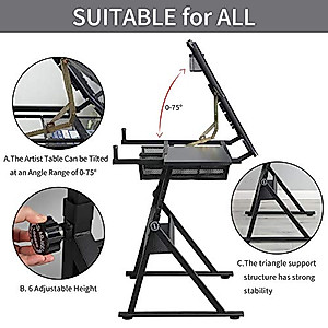 KAAYEE Premium Drawing Draft Table - Height Adjustable Draft Drawing Desk,Up to 72°Tiltable Glass top w/Stool and Drawers for Reading, Writing Art Craft Work Station
