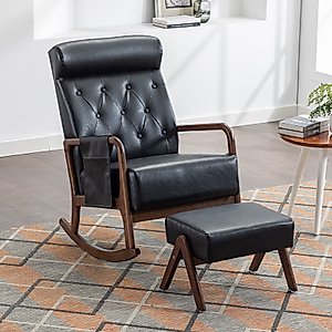 Neylory Rocking Chairs Nursery with Ottoman, Mid-Century Style Upholstered Glider Rocker with High Backrest for Living Room Bedroom Office, Side Pocket, PU Leathaire (Retro Black)