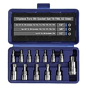 WORKPRO 13-Piece Torx Bit Socket Set T8-T60, 1/4", 3/8" and 1/2" Drive, S2 Steel 6 Point Star Bits and CR-V Sockets with Storage Case For Hand Use Work On Cars, Trucks