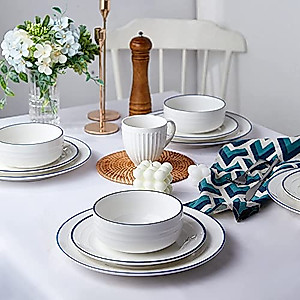 Pokini White Dinnerware Sets, 12-Piece Threaded Relief Kitchen Dinner Set, Plates, Bowls, Service for 4, Porcelain Round Embossed Dish Set with Cafe Stripe