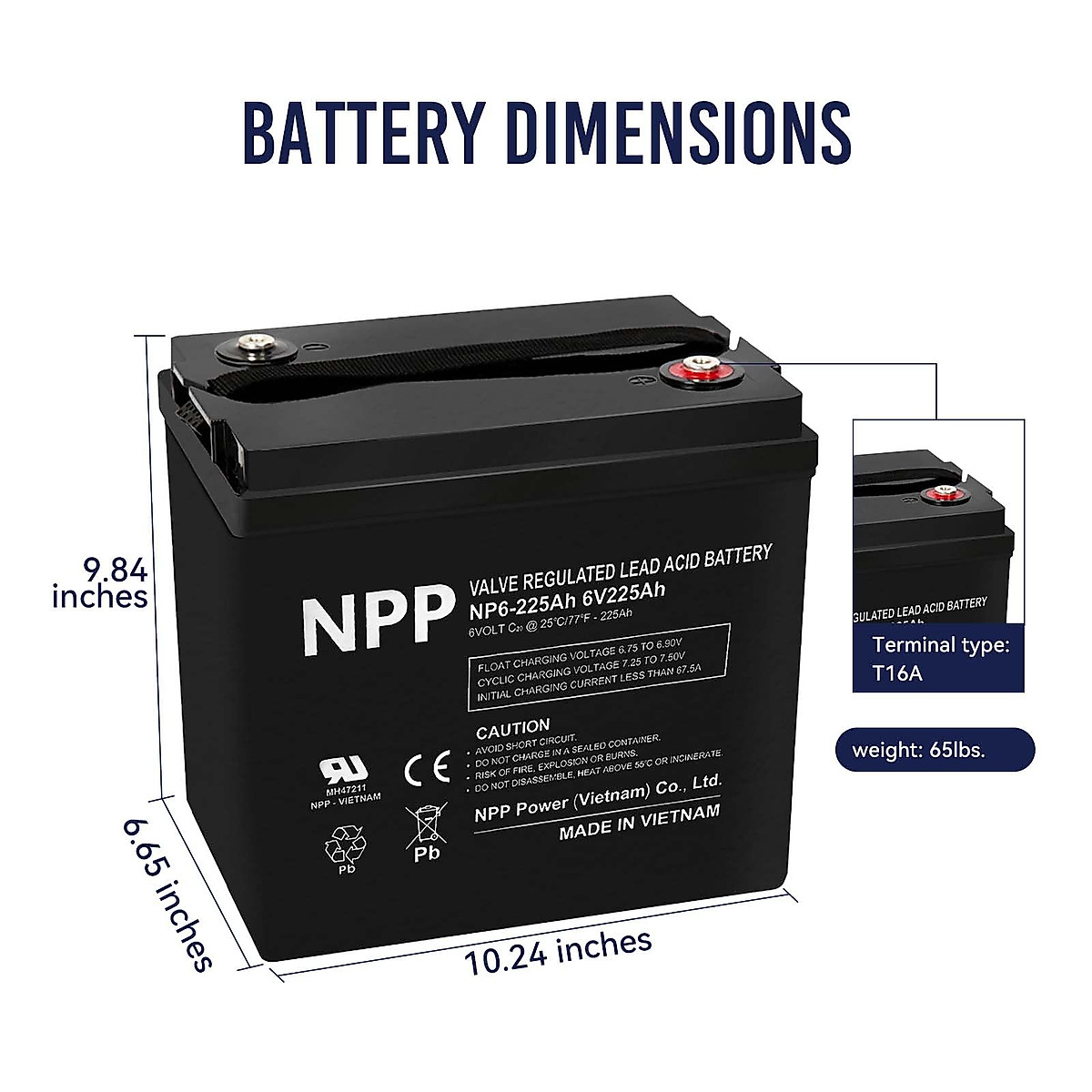 NP6-225Ah (4 Pcs) AGM Rechargeable Battery with T16A Terminal, Replace V6-225 Lead-Acid Battery, for Golf Carts, Pallet Jack, Solar Setup, Trolling Motor, RV, Marine, Wheelchair, Camping