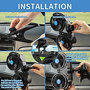 QIFUN 12V Adjustable Dual Head Clip Fan, 4 Inches Electric Car Clip Fans, 360° Rotatable Cooling Air Fan with Cigarette Lighter Plug for Vehicles, SUV, RV, Boat (Car Fan)