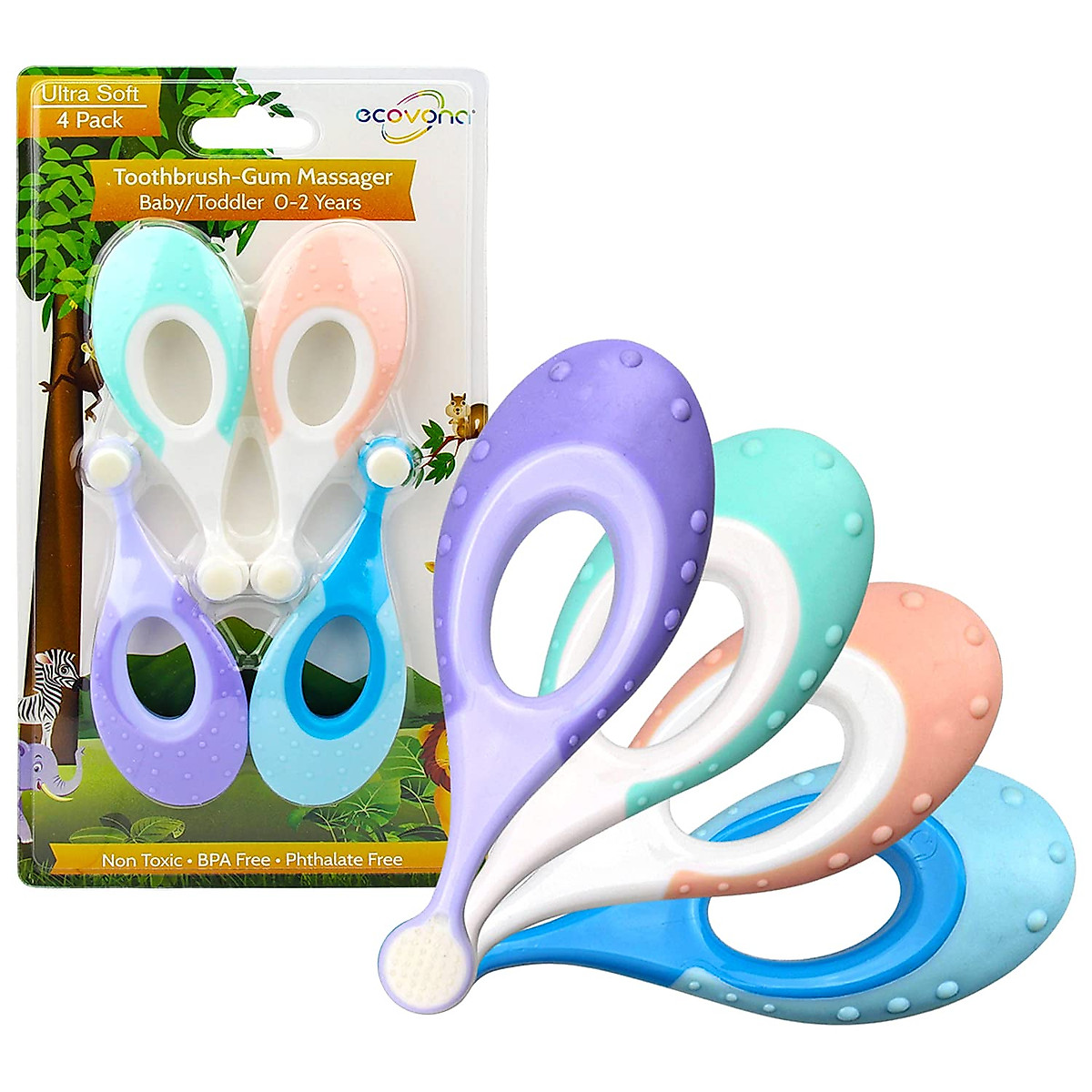 Ecovona Baby Toothbrush & Toddler Toothbrush for Age 0-2 Years Old | Extra Soft Bristle for Baby Teeth & Infant Gums | BPA-Free, Easy-Grip Finger Handle & Teething Pad | Dentist Recommended | 4-Pack