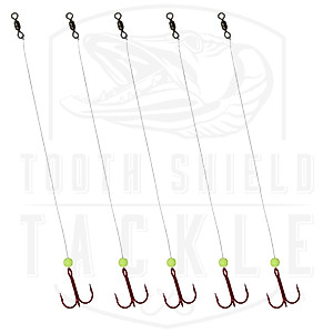 Tooth Shield Tackle Ice Fishing Fluorocarbon Walleye Tip Up Leader/Rig (15 lb) Ice Fishing Walleye Predator Rig (5 Pack) [Chartreuse Bead] (#8)