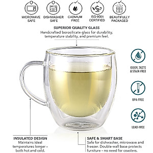 Teabloom Double Walled Cups – 8 oz / 250 ml – Set of 4 Insulated Glass Cups for Tea, Coffee, Espresso, and More – Clarity Glasses