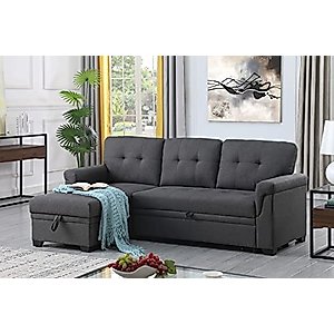 FANYE L-Shaped Reversible Corner Convertible Sleeper Sectional Sofa with Pull Out Sleeper Couch Bed and Storage Chaise for Home Apartment Office Living Room, Dark Grey Linen Sofa&Couch