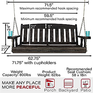 Amish Casual Heavy Duty 800 Lb Mission Treated Porch Swing with Hanging Chains and Cupholders (5 Foot, Semi-Solid Black Stain)