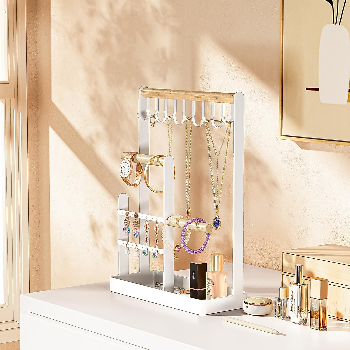 ProCase Jewelry Organizer Stand Necklace Holder, 4-Tier Jewelry Tower Rack with Earring Tray and Holes, 10 Hooks Necklaces Hanging Storage Tree Display for Bracelets Watches Earrings Rings -White