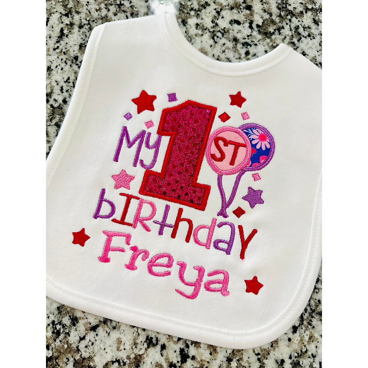 Fantasy Kids Designs First Birthday Baby Girl Bib Balloons Personalized with Custom Name (White Bib/Hot Pink)