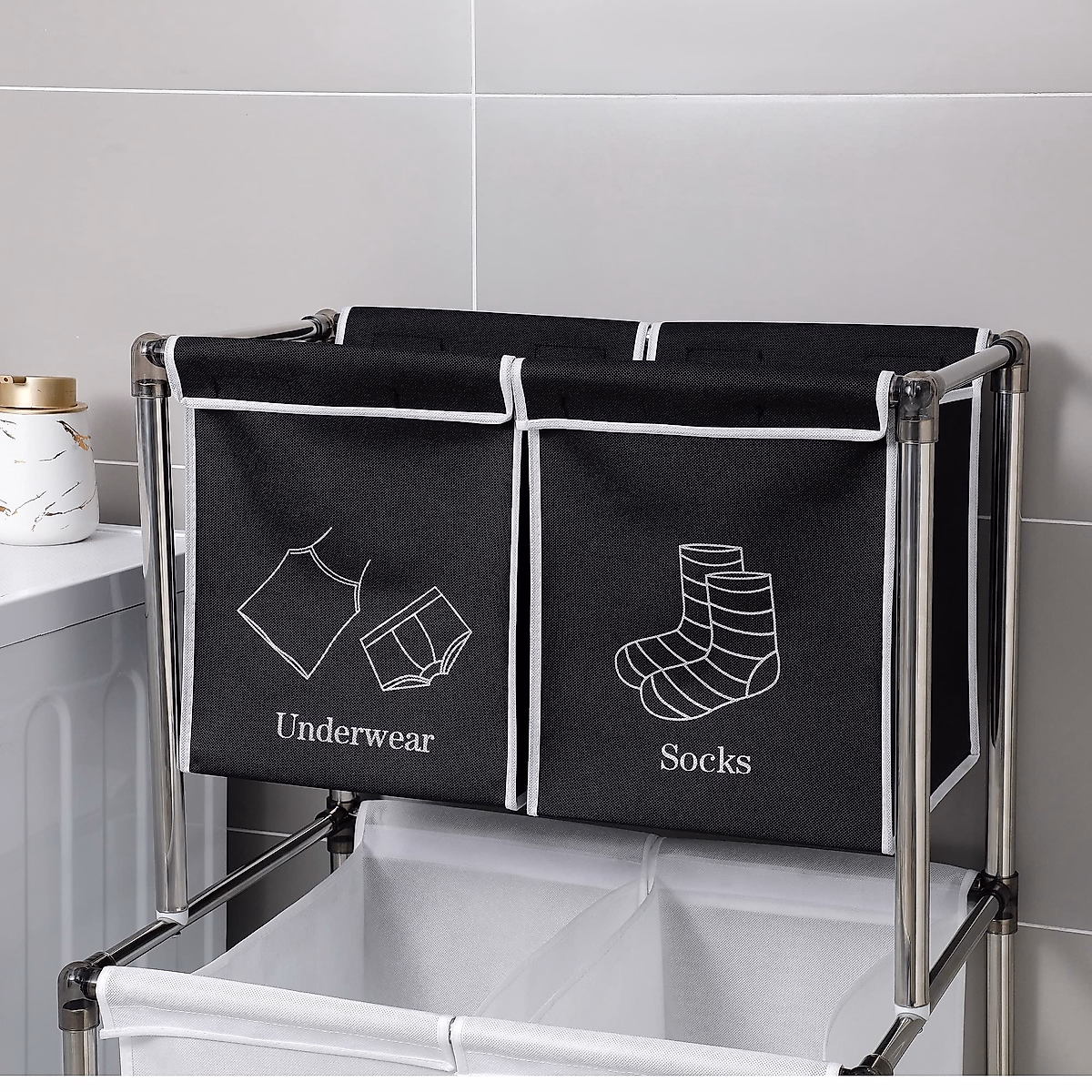 CEMKAR Laundry Basket 2-Tier Vertical Laundry Sorter with 4 Removable Bags for Laundry,with Four Wheels for Easy Movement， Small Spaces and Closets, Black and White