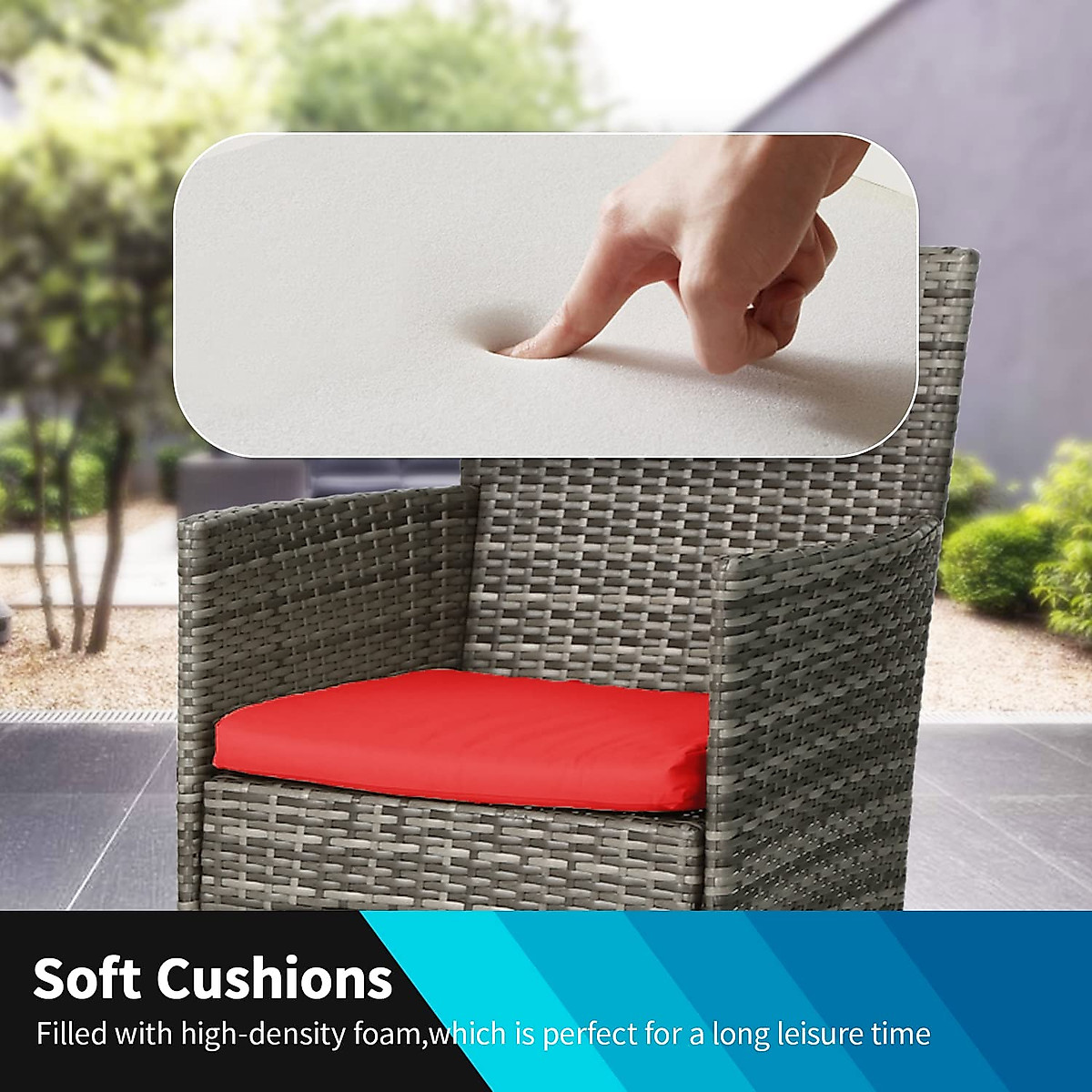 FDW 3 Piece Outdoor Furniture Set Patio Gray Wicker Chairs Furniture Bistro Conversation Set 2 Rattan Chairs with Red Cushions and Glass Coffee Table for Porch Lawn Garden Balcony Backyard