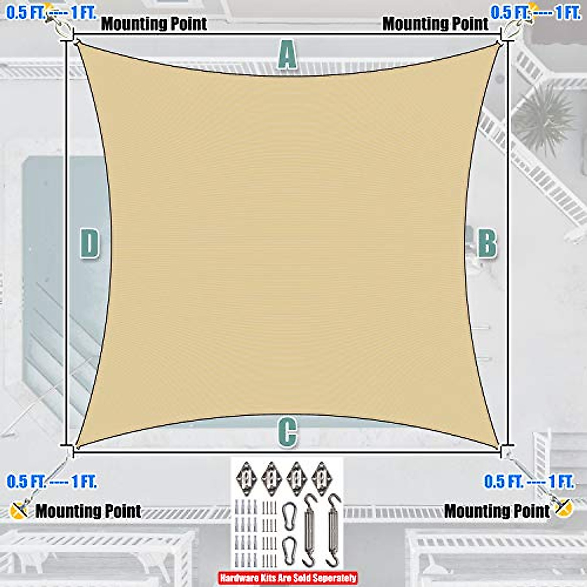 Amgo 12' x 20' Beige Rectangle Sun Shade Sail Canopy Awning ATAPR1220, 95% UV Blockage, Water & Air Permeable, Commercial and Residential (We Customize)
