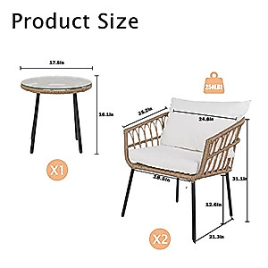 Homsido 3-Piece Outdoor Rattan Patio Furniture Set, Bohemian Simple Wicker Patio Chair Conversation Indoor Sets with Coffee Table and Waterproof Cushion