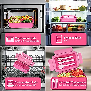 KEMETHY Bento Lunch Box for Kids, 4 Compartment Lunch Box Kids, Leak Proof Lunchbox with Tableware for Kids Lunch boxes for School, Microwave/Dishwasher/Freezer Safe, BPA-Free and Reusable, Pink