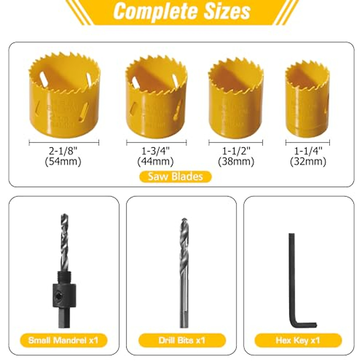 KATA Bi-Metal Hole Saw Kit, 7-Piece Metal Hole Saw Set with 1-1/4" to 2-1/8"(32-38-44-54mm) Hole Drill Cutter with Mandrels, Drill Bit, Hex Key for Metal, Wood, PVC, Plastic