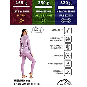 Merino Wool Base Layer Women Pants 100% Merino Wool Leggings Lightweight Thermal Underwear Bottoms + Merino Wool Socks (Large, 165 Black)