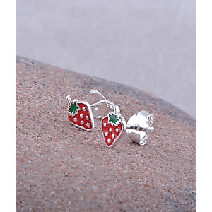 Sterling Silver Small Womens Fruit Red Strawberry Push Back Stud Earrings - Fruit Gifrts For Ladies Mom Wife 0.31in