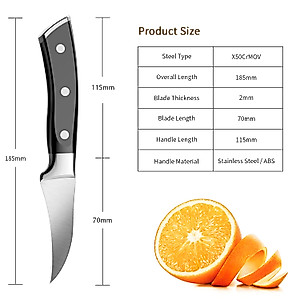 Paring knives, 2.5 cm beak beak fruit knife, vegetable knife made of German stainless steel, extremely hard sharp blade, hand-polished, ergonomic ABS handle