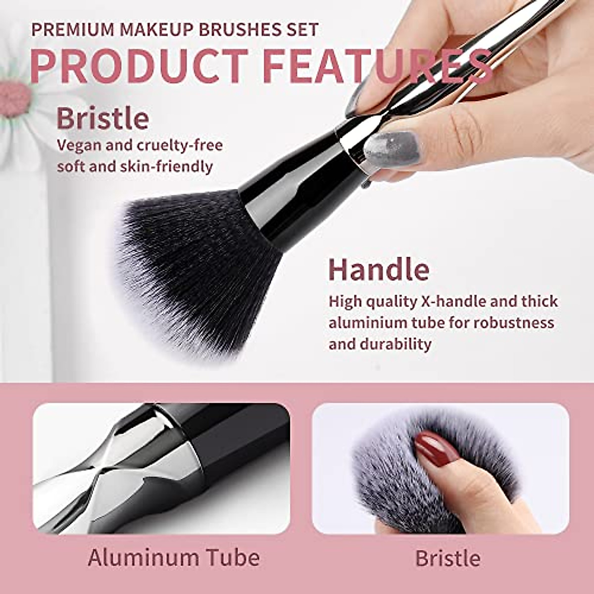 BEAUTYFACTOR 5pcs Makeup Brushes and Sponge Set for Flawless Application of Liquid, Cream, and Powder Products with Gift Box (Black)