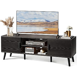 SUPERJARE TV Stand for 55 Inch TV, Entertainment Center with Adjustable Shelf, 2 Cabinets, TV Console Table, Media Console, Solid Wood Feet, Cord Holes, for Living Room, Bedroom, Black