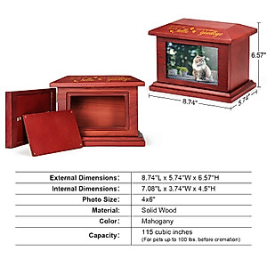 TJ. MOREE Pet Urns for Dog Ashes, Memorial Gifts for Loss of Cat, Personalized Wooden Cremation Urn with Photo Frame, Keepsake Memory Box with Black Flannel Bag for Pet up to 100 Pounds