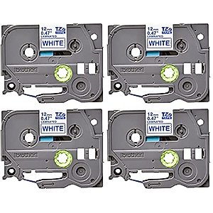 Brother Genuine P-Touch 4-Pack TZe-233 Laminated Tape, Blue Print on White Standard Adhesive Laminated Tape for P-Touch Label Makers, Each Roll is 0.47"/12mm (1/2") Wide, 26.2 (8M) Long