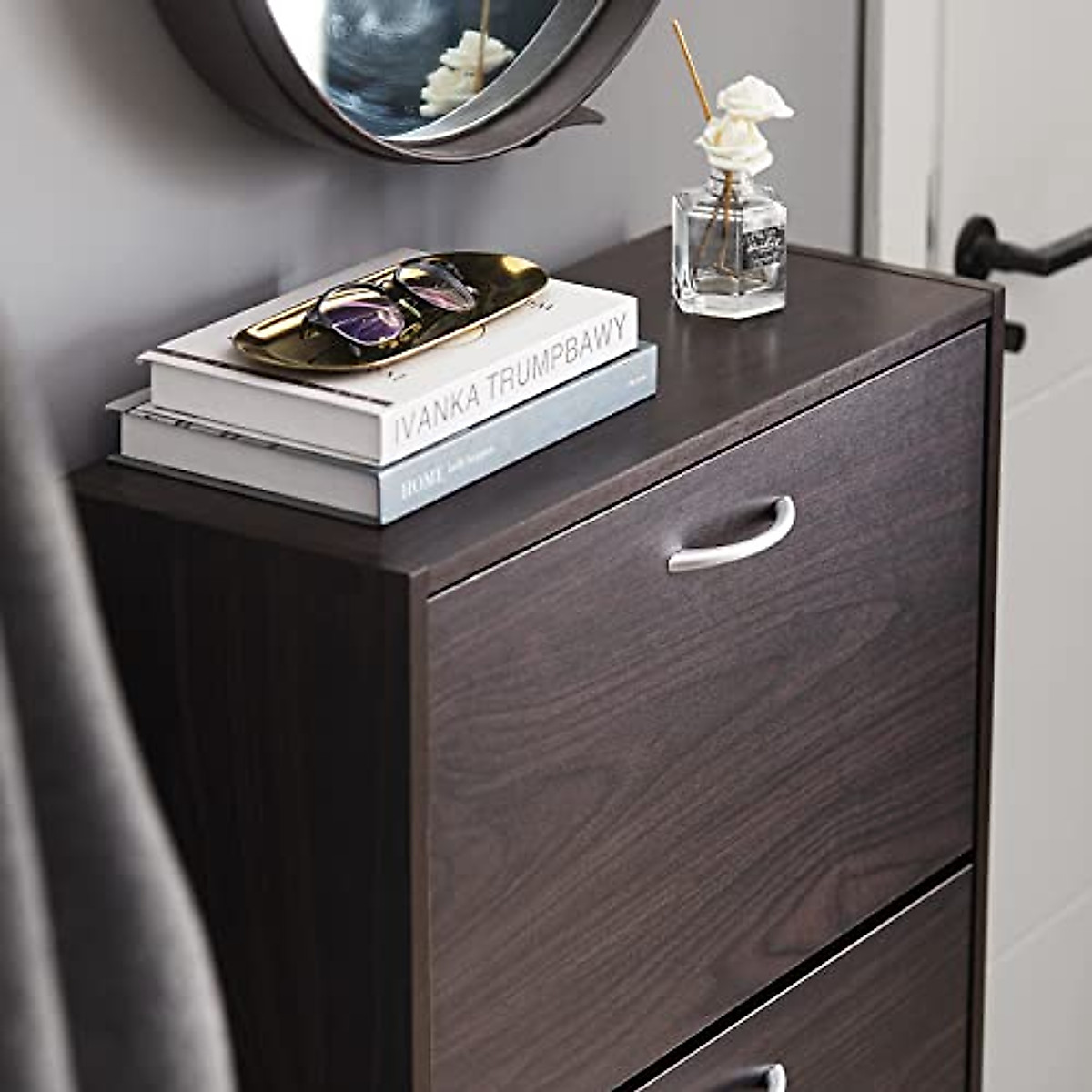 Haotian FSR110-BR, Brown Shoe Cabinet with 3 Flip Drawers, Freestanding Shoe Rack, Shoe Storage Cupboard Organizer Unit