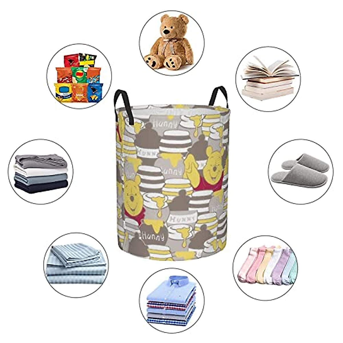 XZZZN Winnie Pooh Bear Circular Hamper Round Tunic Dirty Pocket Waterproof Large Oxford Fabric Foldable Laundry Storage Basket Dirty Clothes Bag Medium