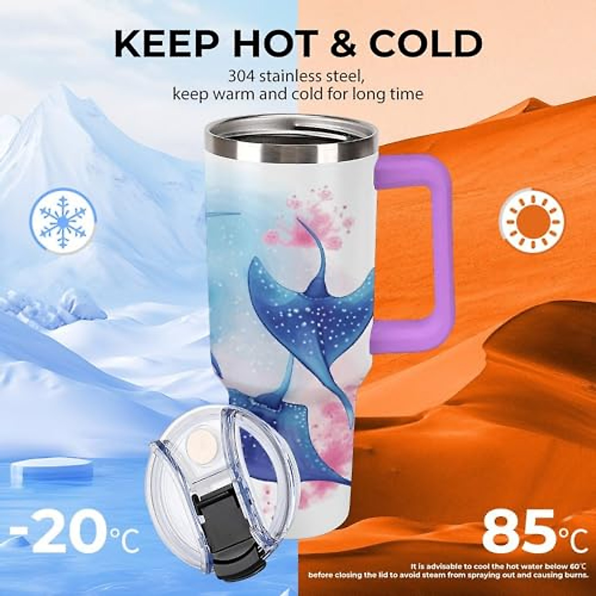 WYUSPGK 40oz Stainless Steel Car Mug, Sea Animals Stingrays Print Travel Mug, Double-Wall Insulated with Straw, Perfect for Car, Office, Outdoor