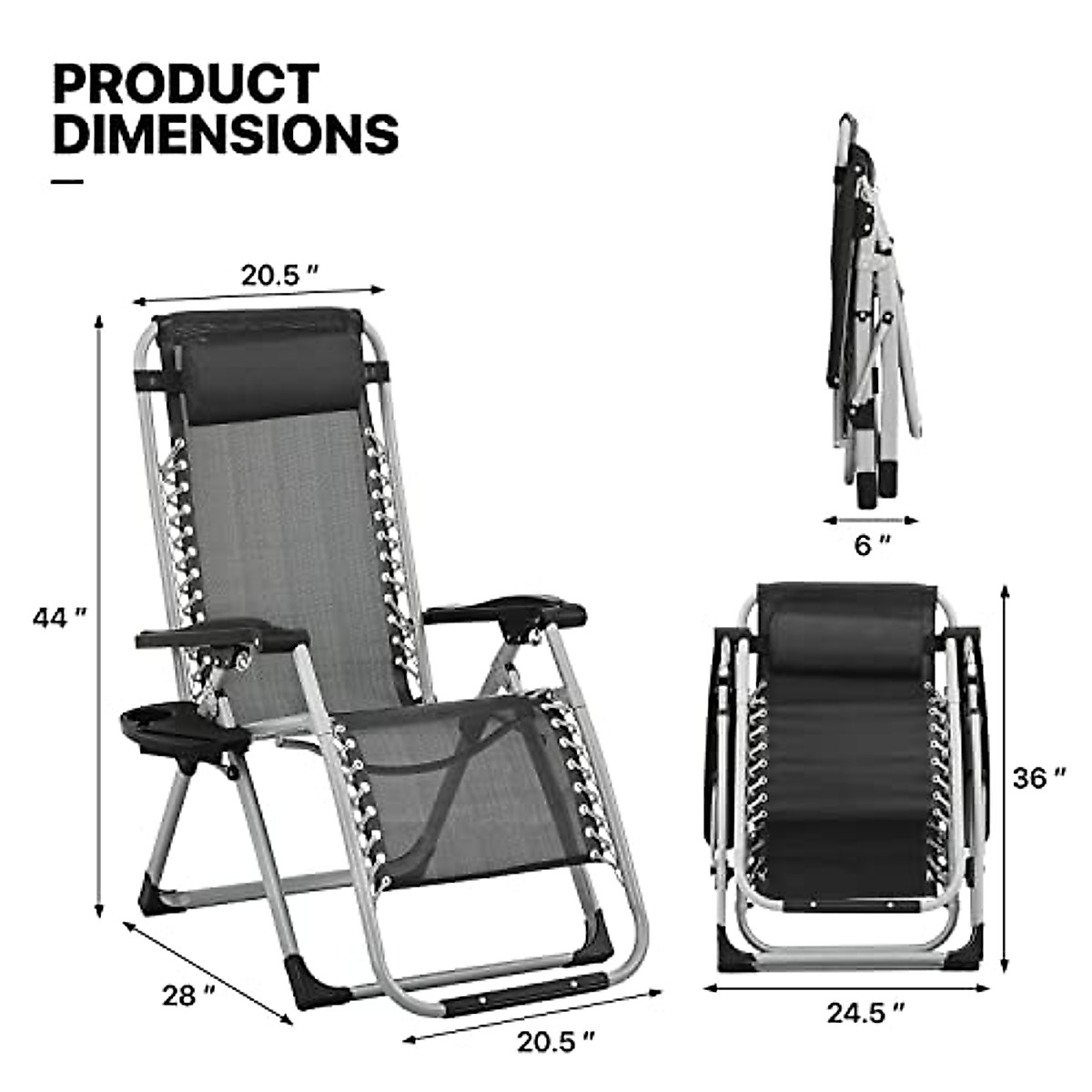 MoNiBloom Reinforced Zero Gravity Chair, Folding Pool Beach Lounger, Portable Tanning Chaise with Cushion, Headrest and Side Tray - Black