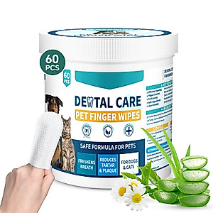 Pet Teeth Wipes for Dogs & Cats, Dog Tooth Cleaning Brushing Kit Dog Dental Wipes, 60Pcs Reduces Tartar & Plaque Fresh Breath Dog Teeth Cleaning Finger Toothbrush, Disposable Gentle Dog Teeth Wipes