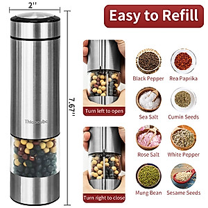 Electric Salt and Pepper Grinder - Stainless Steel Pepper Mill Battery Operated Automatic Spice Grinder - One Handed Push Button Grinder with LED Light and Adjustable Coarseness