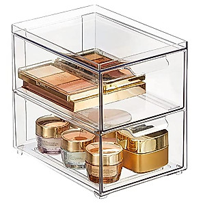 mDesign Stackable Storage Containers Box with 2 Pull-Out Drawers - Stacking Plastic Drawer Bins for Master or Guest Bathroom, Linen Closet, Vanity, or Makeup Table - Lumiere Collection -Clear