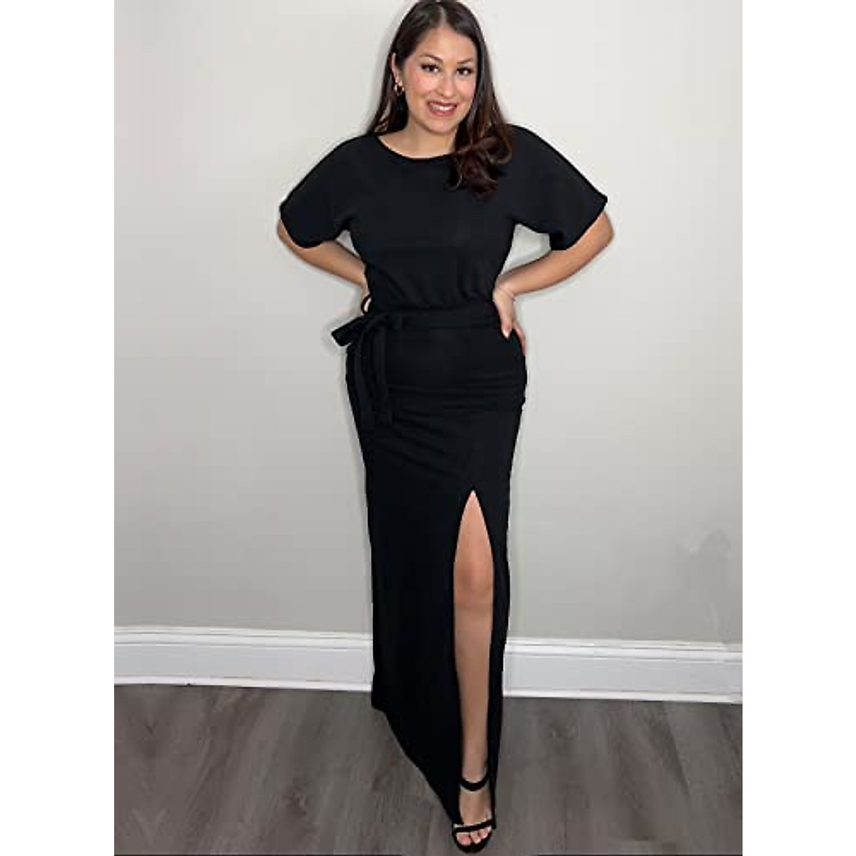 Happy Sailed Womens Batwing Sleeve Tie Waist Long Maxi Dress Side Split Formal Party Dresses Evening Gown Black X-Large