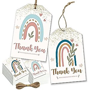 Boho Party Thank You Tags- Boho Party Favor Decoration, 50pcs Bohemian Thank You Hanging Gift Wrap Tags for Boho Rainbow Theme Birthday, Wedding, Baby Shower, Mother's Day Party