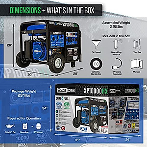 DuroMax XP10000HX Dual Fuel Portable Generator-10000 Watt Gas or Propane Powered Electric Start w/CO Alert, 50 State Approved, Blue