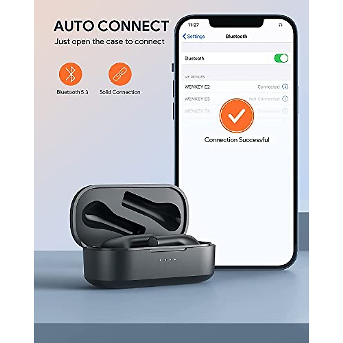 True Wireless Earbuds Noise Cancelling with 4 Microphones, WENKEY Bluetooth 5.3 Headphones for iPhone, Android, IPX6 Waterproof, 50H Playtime, TWS Bluetooth Earphones with Charging Case