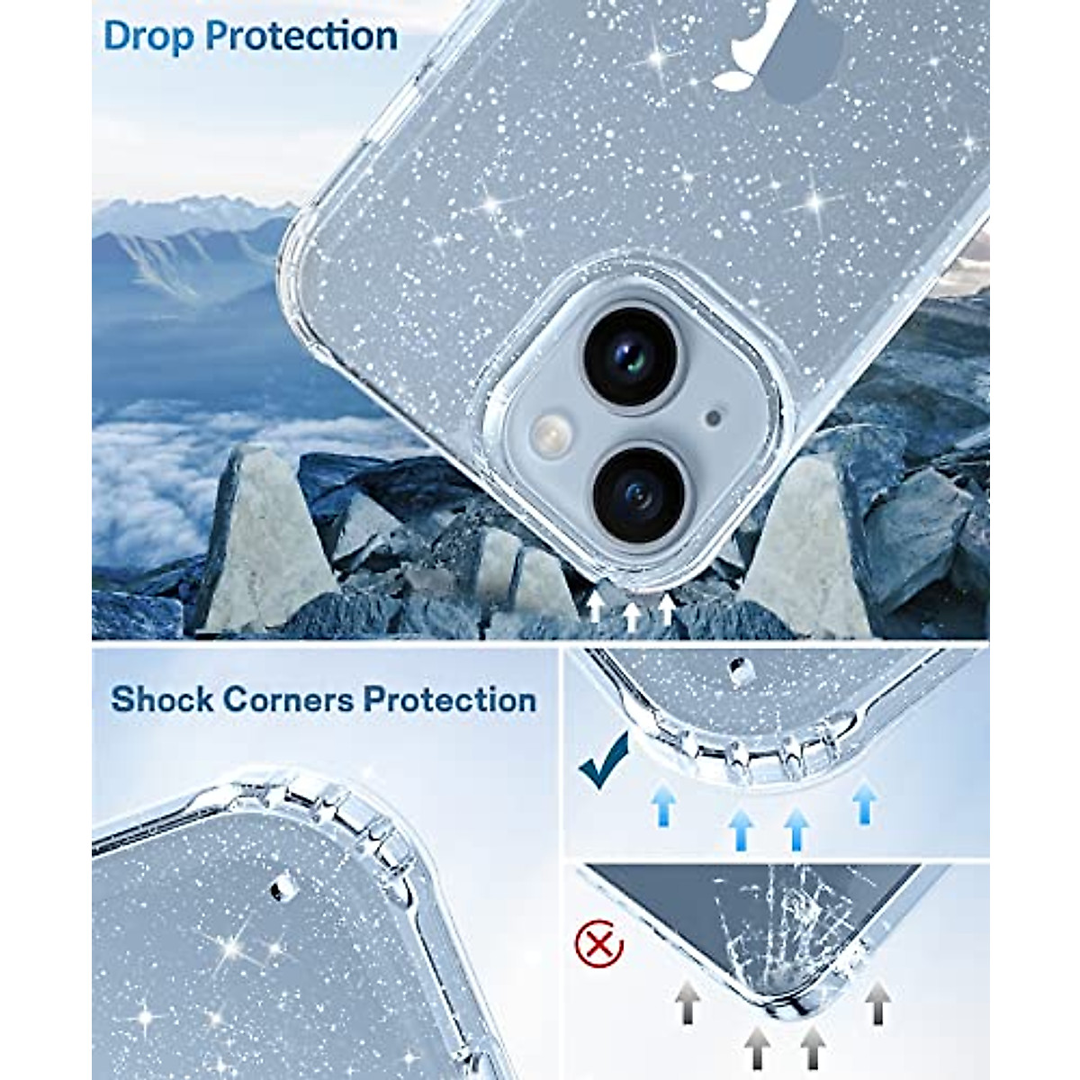 MIODIK iPhone 14 Plus Case with Screen Protector + Camera Lens Protector, [Non-Yellowing] Clear Glitter Protective Shockproof Phone Case for Women Girls, 6.7 Inch - Sparkle Clear