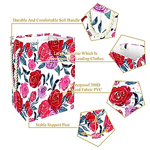 Inhomer Red Floral Pattern Large Laundry Hamper Waterproof Collapsible Clothes Hamper Basket for Clothing Toy Organizer, Home Decor for Bedroom Bathroom