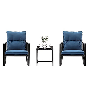 COSIEST 3 Piece Bistro Set Patio Rocking Chairs Outdoor Porch Furniture w Blue Cushions,Water Resistant,Glass-Top Coffee Table for Garden, Pool, Backyard