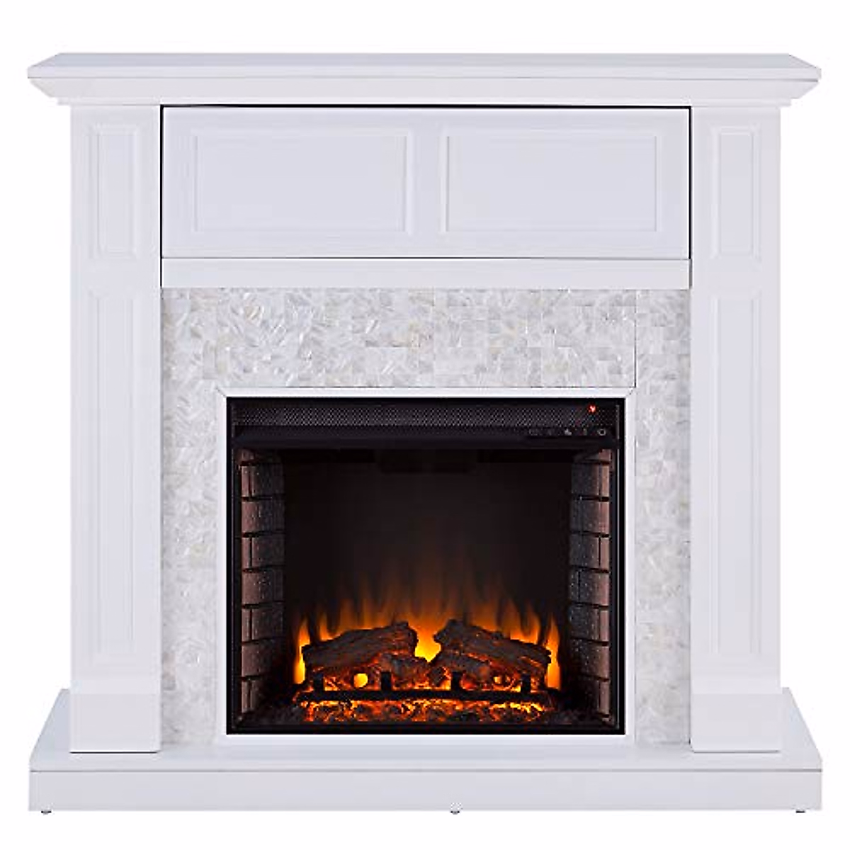 SEI Furniture Nobleman Mother of Pearl Tiled Electric Hidden Media Shelf Fireplace, White