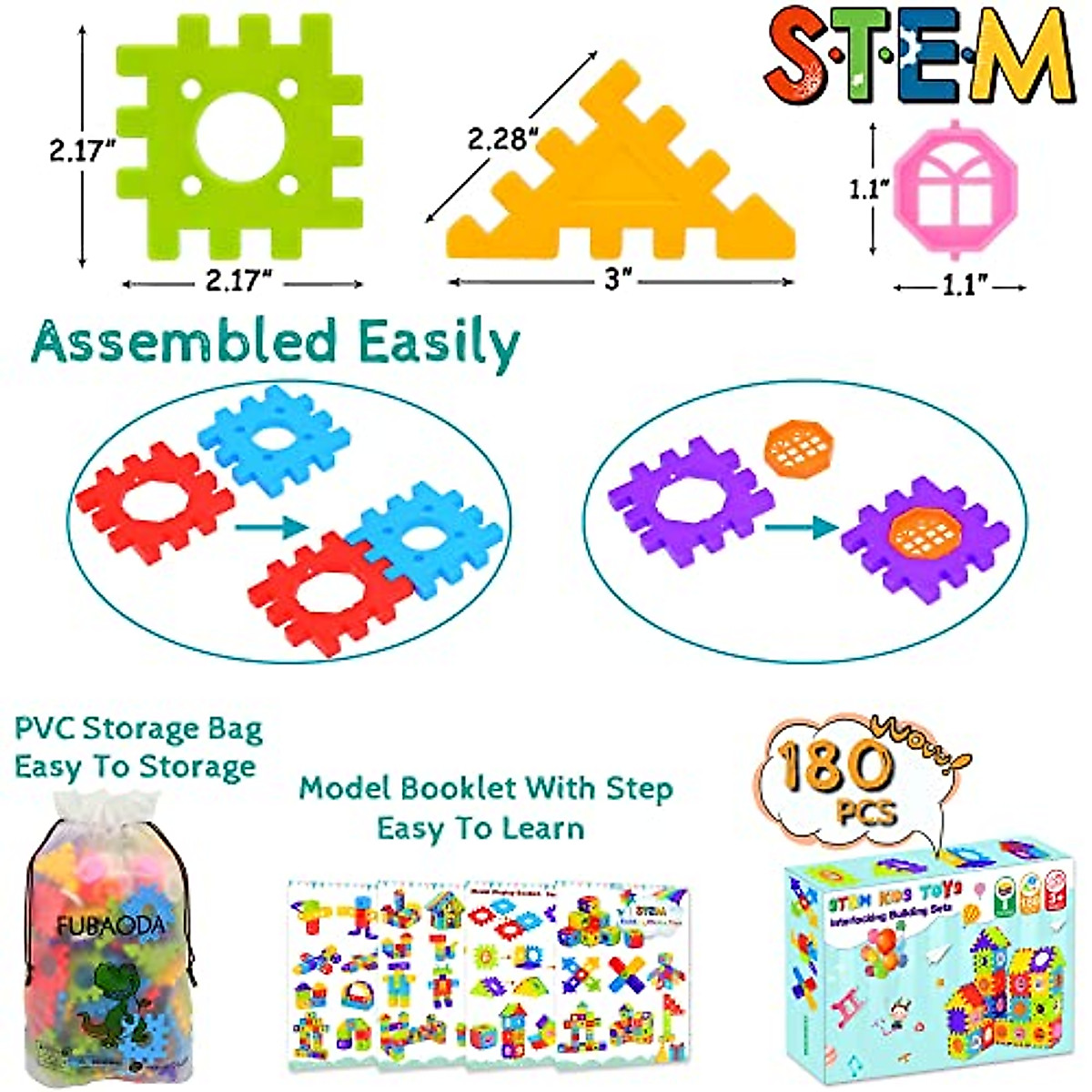 FUBAODA Building Blocks for Toddlers & Kids 180 Pcs Toy Building Sets – STEM Building Toys –Interlocking Building Blocks for Toddlers and Kids