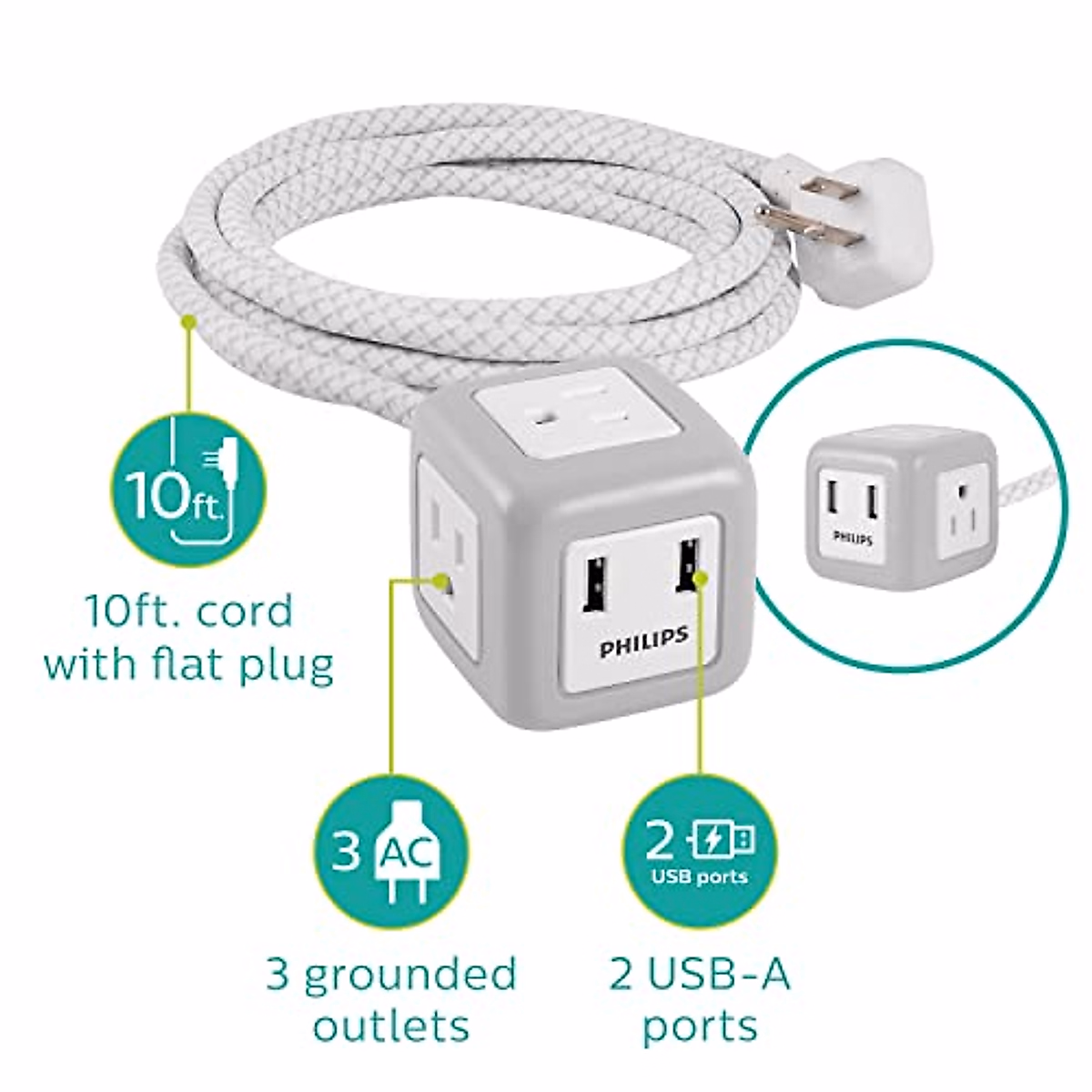 Philips 3-Outlet Cube Cord with 2 USB-A Ports, 10 Ft Extension Cord, Adapter Spaced Outlets, Grounded, Space Saving, Flat Plug, Outlet Extender, Rubberized Finish, ETL Listed, Gray/White, SPS3102WB/37