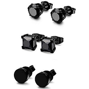 FIBO STEEL 3 Pairs Stainless Steel Black Stud Earrings for Men Women Hypoallergenic Mens Earrings Stud Set, Black Square Round Diamond CZ Stud Earrings Pierced 6mm