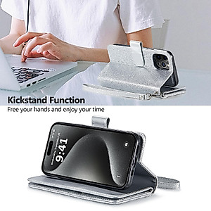 Varikke for iPhone 15 Pro Wallet Case, Detachable iPhone 15 Pro Case Magnetic Wallet for Women with Card Holder & Kickstand, Glitter PU Leather Wrist Strap Phone Cases for iPhone 15 Pro 6.1", Silver