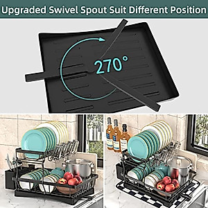 SUPPNEED Dish Drying Rack with Drainboard, 2-Tier Dish Racks for Kitchen Counter, Dish Strainers with Extra Drying Mat , Utensil Holder , Cutting Board Holder ,Wine Glass Holder, Black